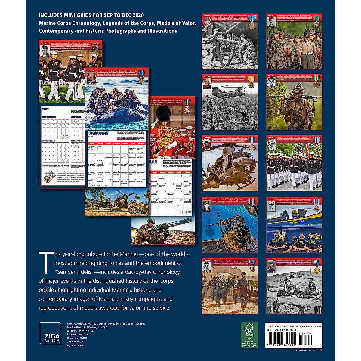 Marines Wall Calendar 2021, Monthly January-December 12'' x 14"