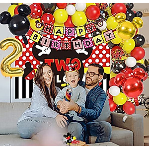 PYCALOW Mickey 2nd Birthday Party Supplies Decorations Include Oh Twodles Backdrop, Banner, Balloons Graland Arch, Welcome Hanger, Tablecloth, Hat, Topper, Tassels, Mickey Theme Mouse Party Supplies