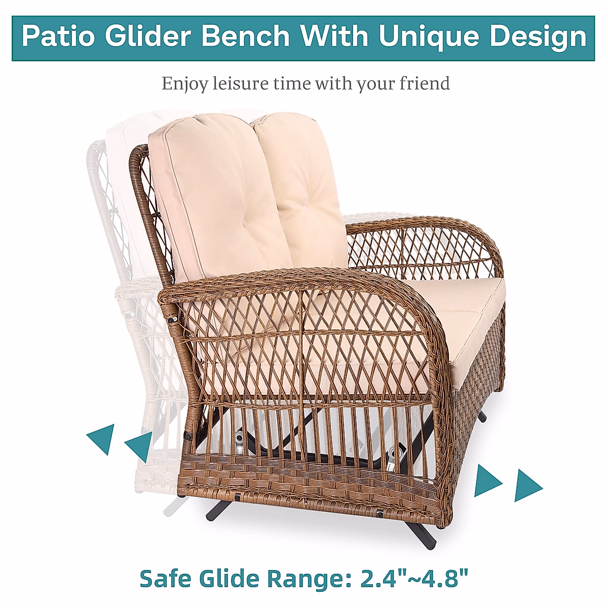 MEETWARM 5 Pieces Outdoor Patio Rattan Furniture Sets, All Weather Patio Wicker Conversation Set - 2 Rocking Swivel Chairs 1 Rattan Loveseat Glider with Cushions, 2 Glass-Top Coffee Table, Beige