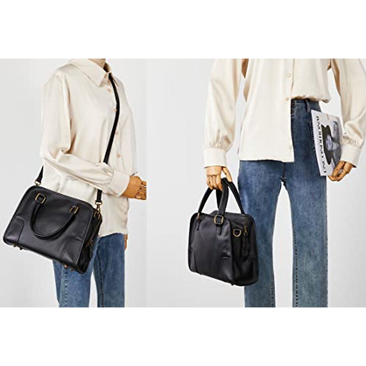 Vintage Leather Top Handle Handbags For Women Cowhide Satchel Shoulder Purse With Removable Strap (1-Black)