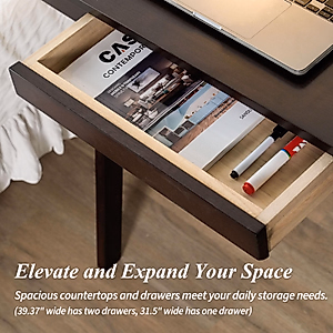 Cttasty Computer Desk with Drawers, Solid Wood Writing Desk, Mid Century Modern Home Office Desks, Oak Study Table, Small Desk for Bedroom, 29.1 H x 31.5 W x 19.7 D Inches, Walnut