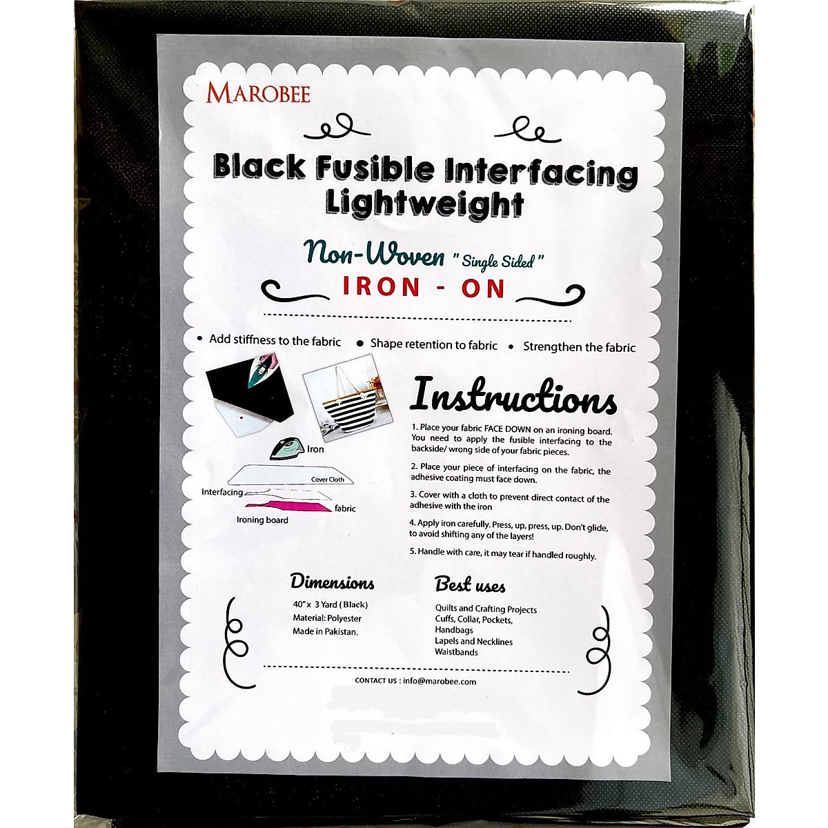 MAROBEE Black Lightweight Fusible Interfacing Iron On for Sewing Projects, (40 Inch x 3 Yard) Non-Woven