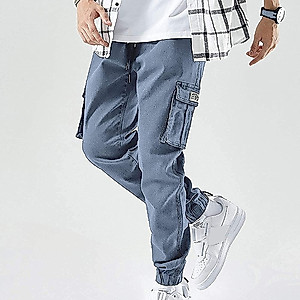 XYXIONGMAO Streetwear Hip Hop Cargo Joggers Pants for Men Denim Overalls Sports Harness Feet Harlan Casual Trousers (Black, S)