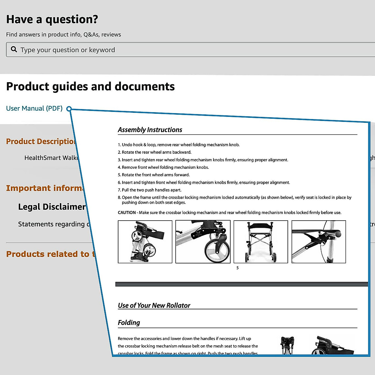 HealthSmart Walker Rollator with Seat and Backrest, Adjustable Handle Height, FSA HSA Eligible, Removable Storage Bag and a Durable Lightweight Frame That Folds While Supporting up to 300 pounds
