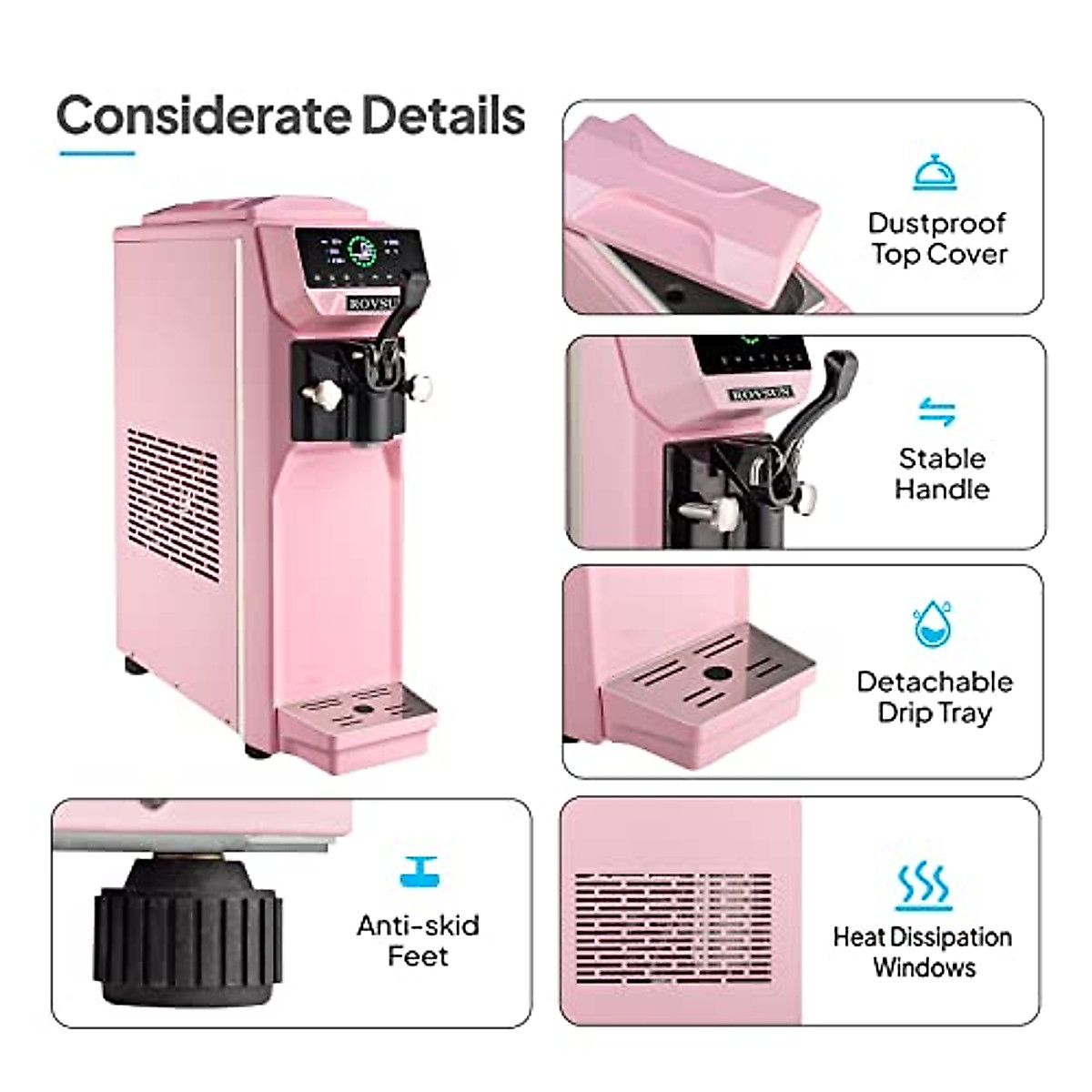 ROVSUN Soft Serve Ice Cream Machine, 4.2 Gal/H Ice Cream Maker Machine with Pre-cooling, 1.32 Gal Tank, LCD Touch Screen, 1050W Soft Serve Machine Countertop for Home, Party, Cafe, Restaurant (Pink)