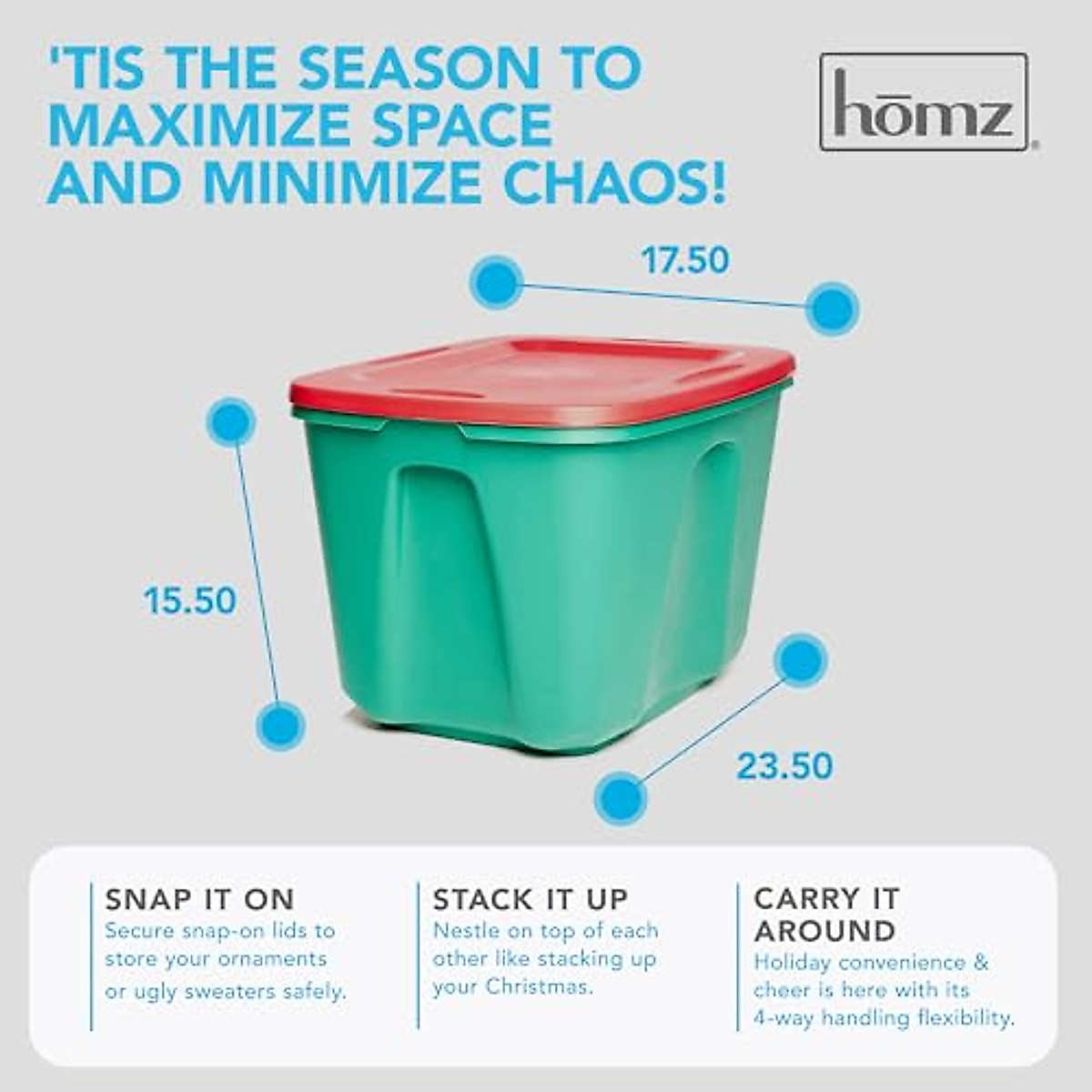HOMZ 18 Gallon Stackable and Nestable Heavy Duty Plastic Holiday Storage Container with 4 Way Handles for Organizing, Green/Red, (4 Pack)