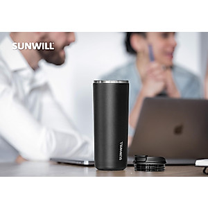 SUNWILL Coffee Tumbler Cups, Insulated Coffee Mug with Lid, 16 oz Stainless Steel Travel Coffee Cup, Powder Coated Black