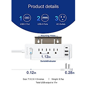 Leadchuang 1875W Power Strip Ultra-Flat Plug Extension Cord with USB C Ports, Surge Protector with 3 USB 3 AC Outlet, Mountable Flat 5 ft with Phone Stand for Kitchen, Home and Office