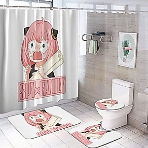an.ya Cry S.py X Family Anime 4pcs Shower Curtain Sets with Non Slip Rugs, Toilet Lid Cover and Bath Mat, Shower Curtain with 12 Hooks for Bathroom