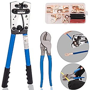 Battery Cable Crimping Tool Battery Terminal Crimper Battery Lug Crimper for Heavy Duty Wire Lug AWG 8-1/0 Electrical Lug Crimper with Cable Cutter and 12PCS Copper Lugs, Battery Cable Crimper