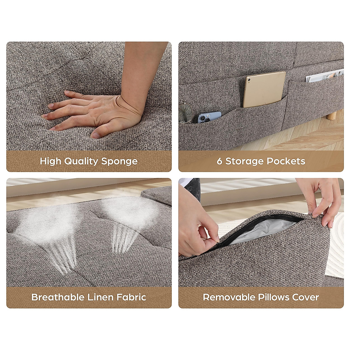 SEJOV Sleeper Sofa Chair Bed,4-in-1 Convertible Sofa Bed Chair with 6 Adjustable Backrest and Pillow, 3-Seat Pull Out Sleeper Chair Linen No Backrest for Bedroom Small Space Living Room, Grey Brown