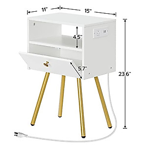 HOOBRO Nightstand with Charging Station, End Table with USB Ports and Outlet, Side Table for Tight Spaces, Solid and Stable, for Office, Bedroom, Study, White and Gold DW88UBZP201