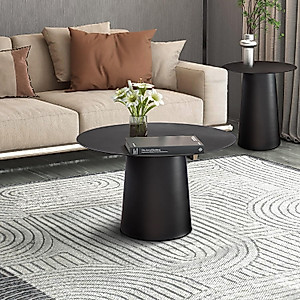 ALOADECOR W24 in. Small Black Round Coffee Table Contemporary Coffee Table Metal Single Circle Coffee Table for Living Room Modern Concrete Coffee Table for Bedroom