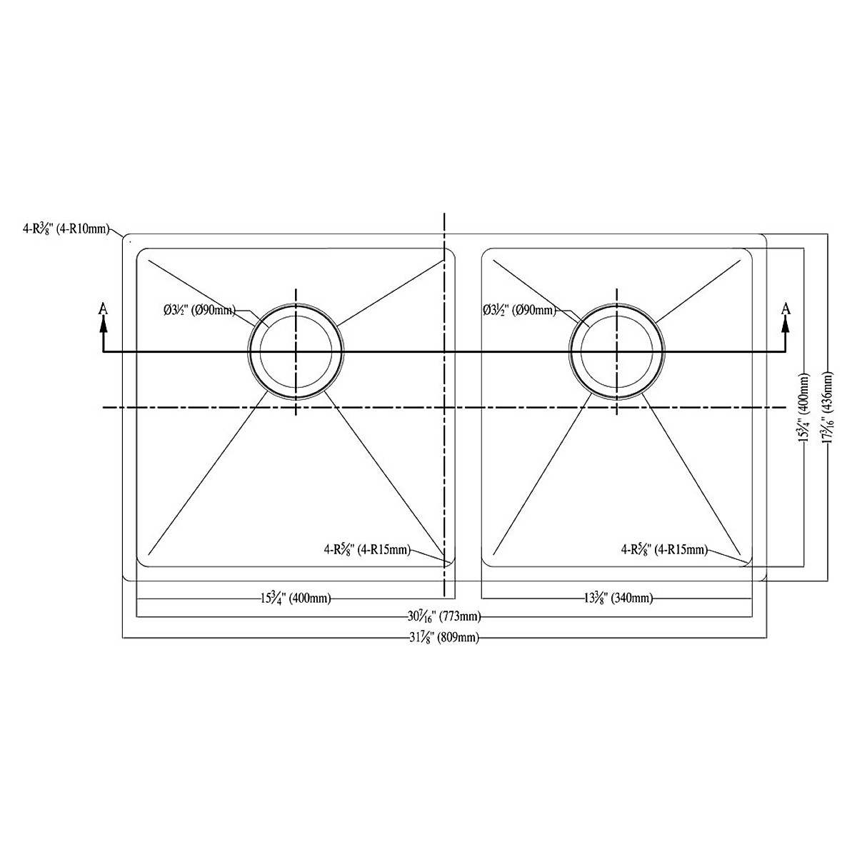 Dawn SRU301616R Undermount Small Corner Radius Double Bowl Sink, Polished Satin