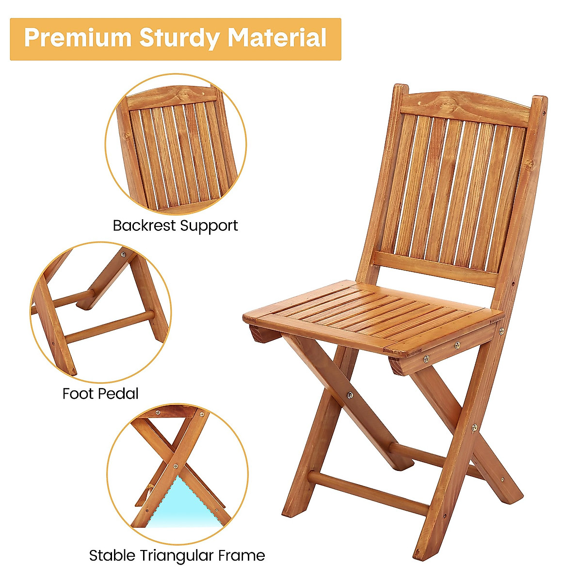 TROPOW Foldable Patio Furniture Set, Outdoor Bistro Set for 2, Wooden Table and Chairs Set, Bistro Patio Set for Poolside, Beach, Backyard, Balcony, Deck