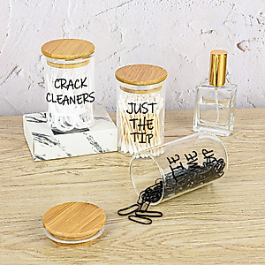 Glass Qtip Holder Dispenser Apothecary Jars, Storage Container with Bamboo Lid and Label, Bathroom Countertop Organizer for Cotton Swabs, Balls, Cotton Pad, Floss & More - Set of 3