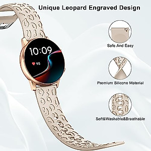 Leopard Engraved Bands Compatible with Samsung Galaxy Watch 6 Watch 4/Watch 5 40mm 44mm for Women, Samsung Galaxy Watch 5 Pro 45mm/Galaxy Active 2/Galaxy Watch 3, 20mm Soft Silicone Strap