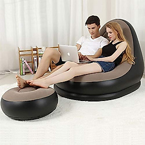 2-IN-1 Grey/Black Lounge Sofa Bed Set, Folding Portable Inflatable Lazy Flocking Recliner Chair with Footstool and Air Pump - Great for Pop Up Indoor and Outdoor Balcony, Backyard, Camping, Picnic, RV