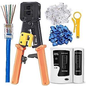 RJ45 Crimp Tool Ethernet Crimper for RJ45 Cat6 Cat5 Cat5e Pass Through Connectors and RJ12 Plug Ends with 50PCS RJ45 Cat6 Connectors, RJ45 Cable Tester and Mini Wire Stripper