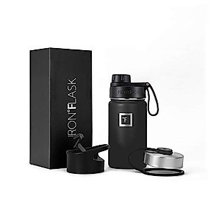 IRON °FLASK Camping & Hiking Hydration Flask with 3 Lids - Stainless Steel, Double Walled & Vacuum Insulated Water Bottle - Leak Proof & BPA Free (Midnight Black, Spout - 14 oz)