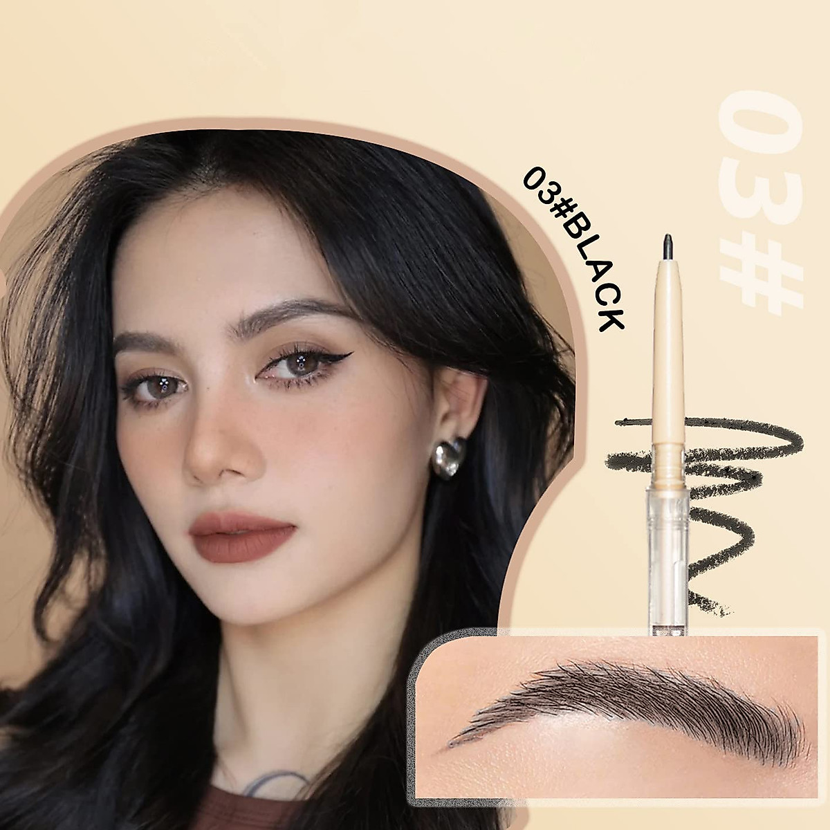 Eyebrow pencil, long-lasting waterproof and durable ultra-fine automatic makeup pencil, 3 colors (03# BLACK GRAY)