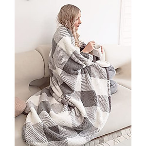 Panku Plaid Sherpa Throw Blanket with Solid Plush Reverse, Reversible Soft Fleece Checkered Blanket for Couch and Bed, Cozy and Warm Fuzzy Blanket, Grey Plaid, 50x60 Inches