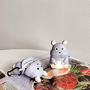 ICI-Rencontrer Compatible with Earbuds Case Airpods 1 & 2, Kids Girls Women 3D Cute Vivid Distinctive Grey Hippo Mice Animals Design Wireless Charging Earphone Soft Silicone Shockproof Protector Hook