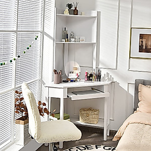Tangkula White Corner Desk with Hutch, 90 Degrees Triangle Computer Desk with Keyboard Tray & Bookshelves for Small Space, Space Saving Writing Desk with Storage Shelves for Bedroom Apartment