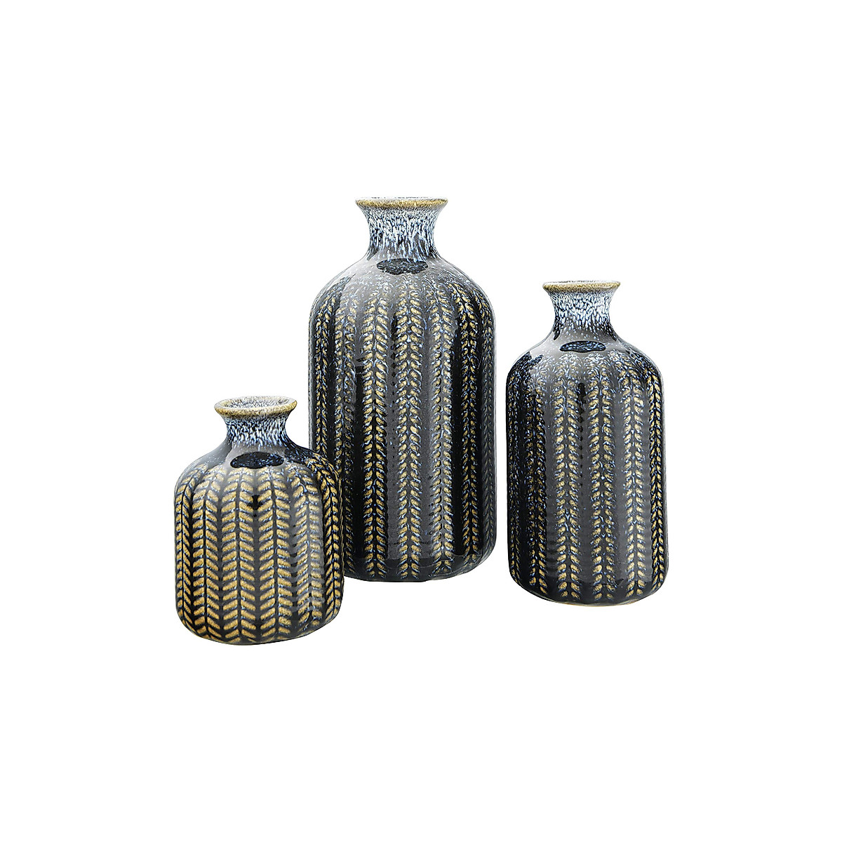 Embossed Stoneware Vase with Reactive Glaze Finish (Set of 3 Sizes) (DF3002)