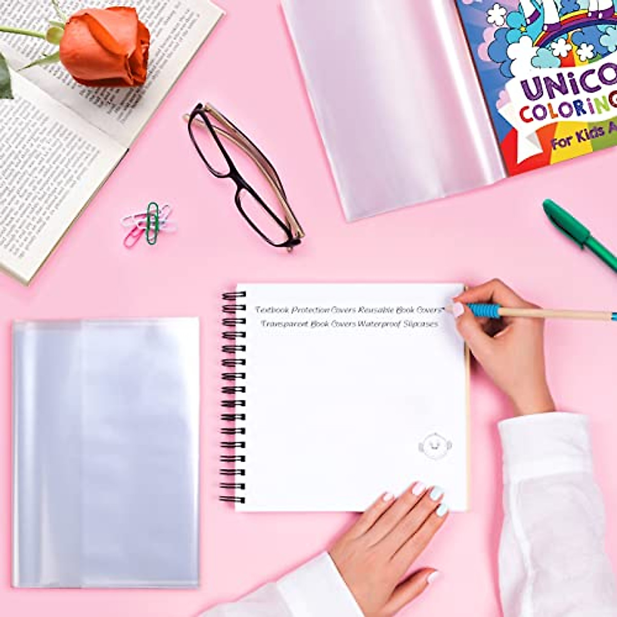 NUOBESTY 5Pcs Book Covers Sheet Protectors Plastic Clear with Adjustable Self- Adhesive Closure 16K Size for Books