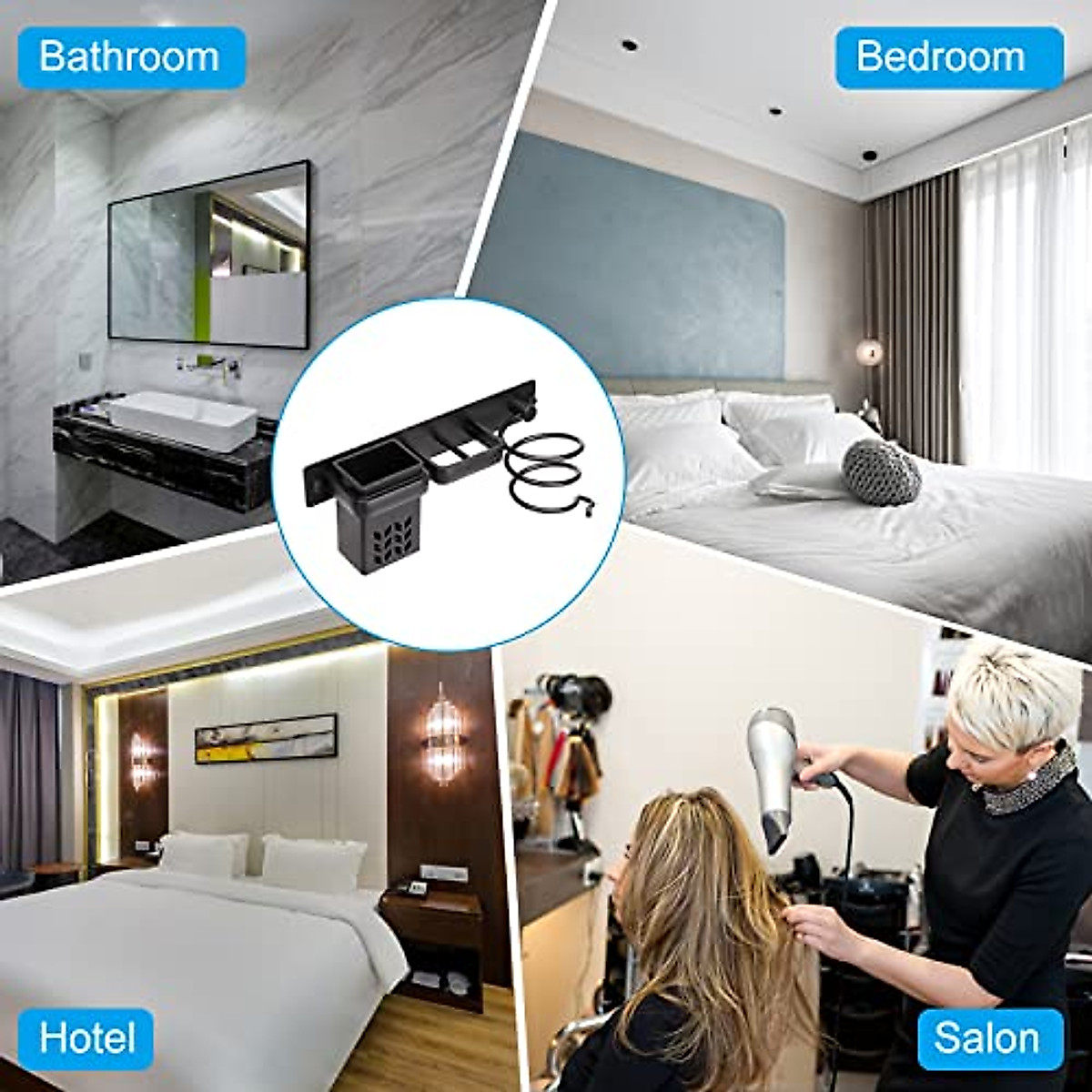 YUET Hair Dryer Holder Hairdryer Station Wall Mounted Spiral Shelf Bracket Stand Hanger Straightener Organizer Blow Storage with Holes Rack For Bathroom Aluminum Professional (Black With Cup)