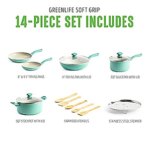 GreenLife Soft Grip Healthy Ceramic Nonstick, 14 Piece Cookware Pots and Pans Set, PFAS-Free, Dishwasher Safe, Turquoise