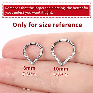 VOJO G23 Titanium Teardrop Septum Ring Daith Piercing Earrings Jewelry Tragus Helix Nose Rings for Women (10mm，CZ Silver)