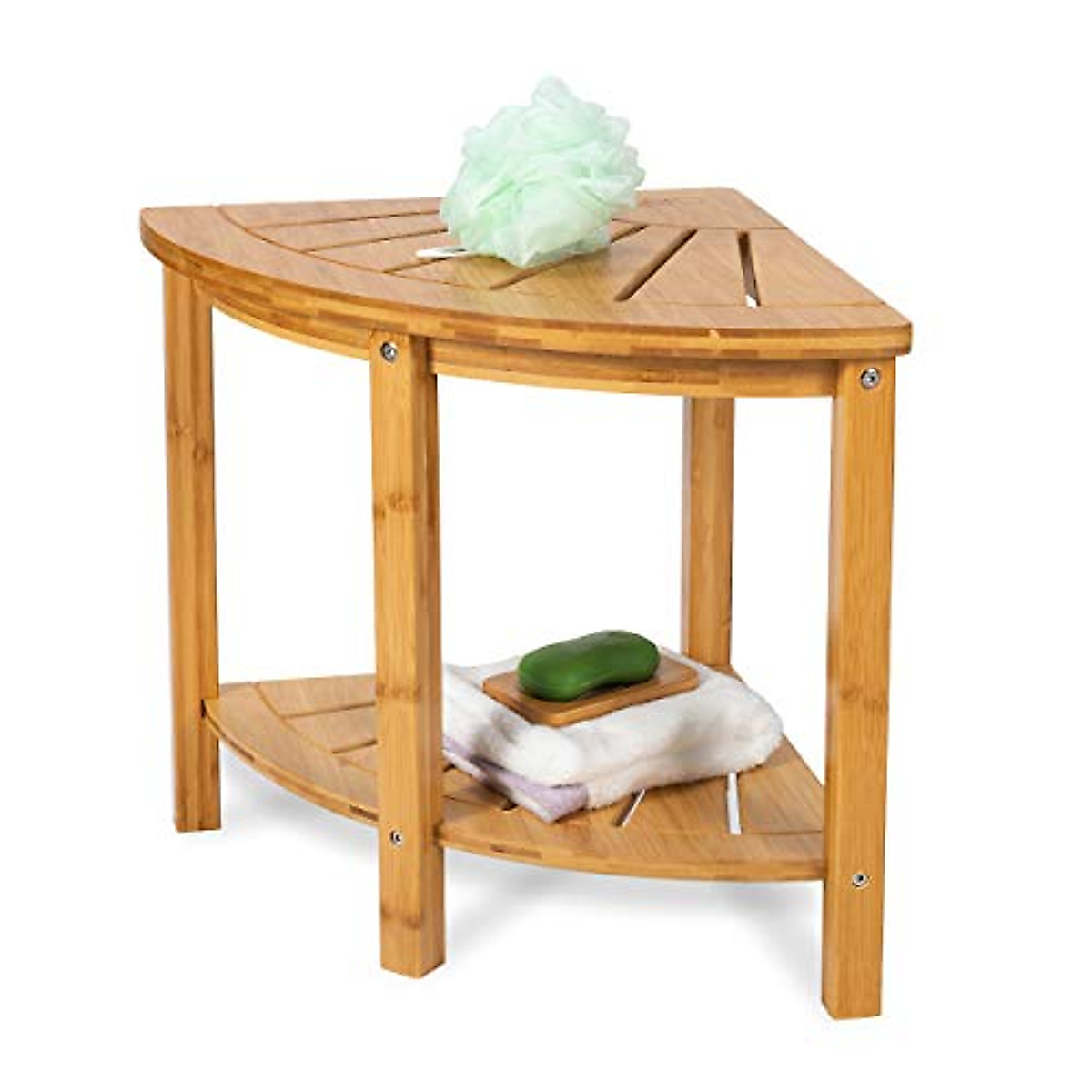 OasisCraft Corner Shower Bench Bamboo Shower Stool for Inside Shower Corner Shelf Shower Seat Bathroom Spa Stool with Shelf