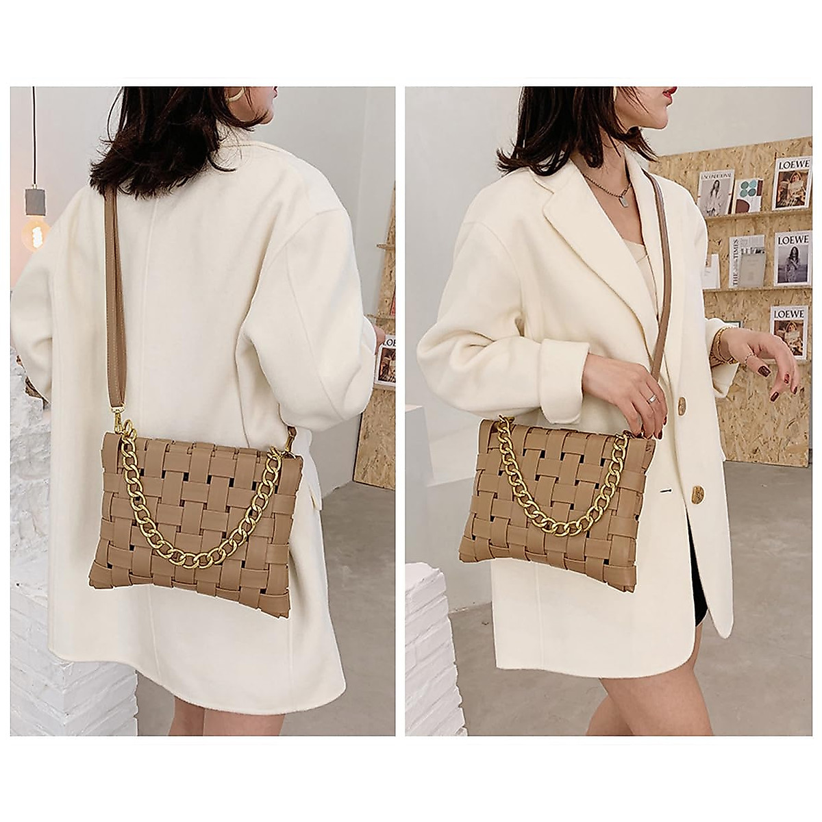 YP Women Crossbody Bag Woven Pu Leather Purses Shoulder Handbags (B-Brown)