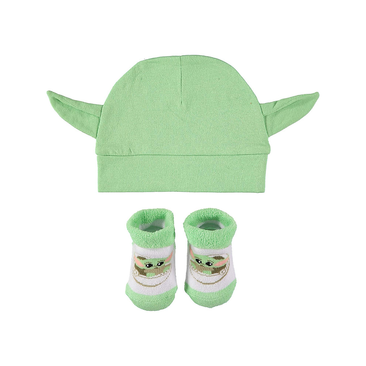 STAR WARS Baby Boys The Mandalorian Cap and Bootie Set - Baby Yoda Baby Gift Set with Baby Hat and Baby Socks (Green/White, 0-12 Months)