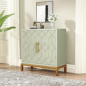 ARTPOWER Accent Cabinet with Doors, Modern Wooden Sideboard, Carved Decorative Storage Cabinets for Bedroom, Living Room, Kitchen, Office, and Hallway, Green with Gold Legs