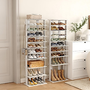 HOMEFORT 10-Tier Vertical Shoe Rack, Corner Shoe Tower, Double Rows 10 Tiers Shoe Shelf, Slim Shoe Storage Unit for 20 Pairs of Shoes, Shoe Stand for Entryway, Hallway, Closet (White)