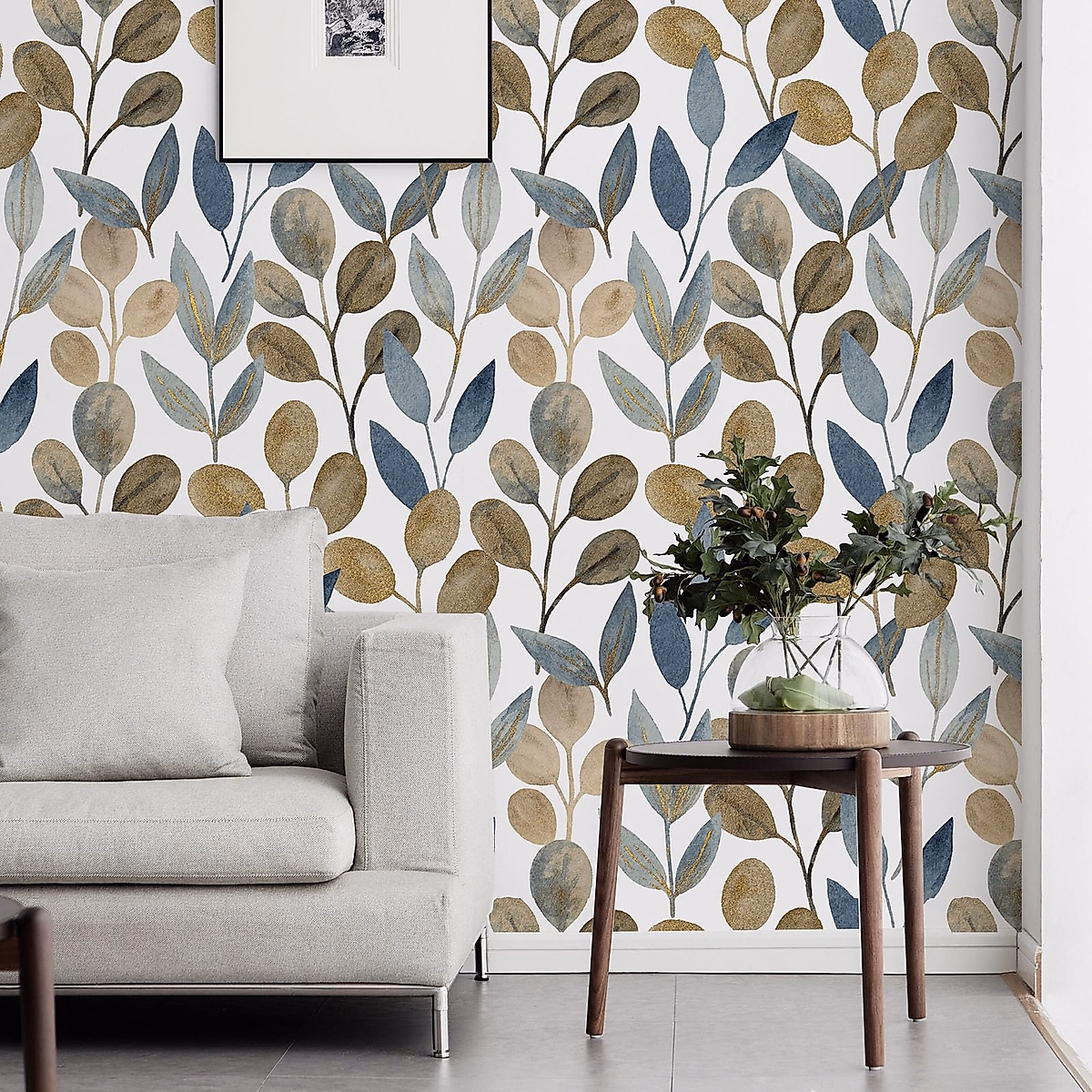 BaoHArtHome Gold Leaf Floral Wallpaper Peel and Stick Wallpaper Blue Contact Paper Removable Vinyl Boho Watercolor Vintage Wall Paper Renter Friendly for Bedroom Wall Mural 17.7in x 6.6ft