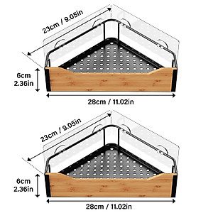 Thideewiz Corner Shower Caddy, 2 Pack Adhesive Shower Corner Organizer Shelves, No Drilling Stainless Steel Shower Storage Rack, Wood Grain Shower Organizer with 4 Hooks for Bathroom, Kitchen