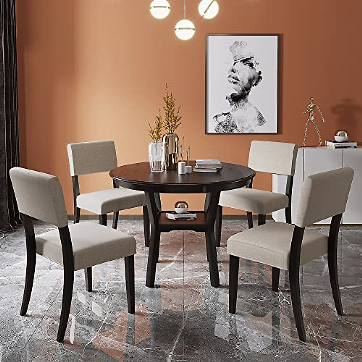 P PURLOVE 5 Pieces Dining Table Set Round Kitchen Table with 4 Upholstered Chairs for Dining Room, Espresso