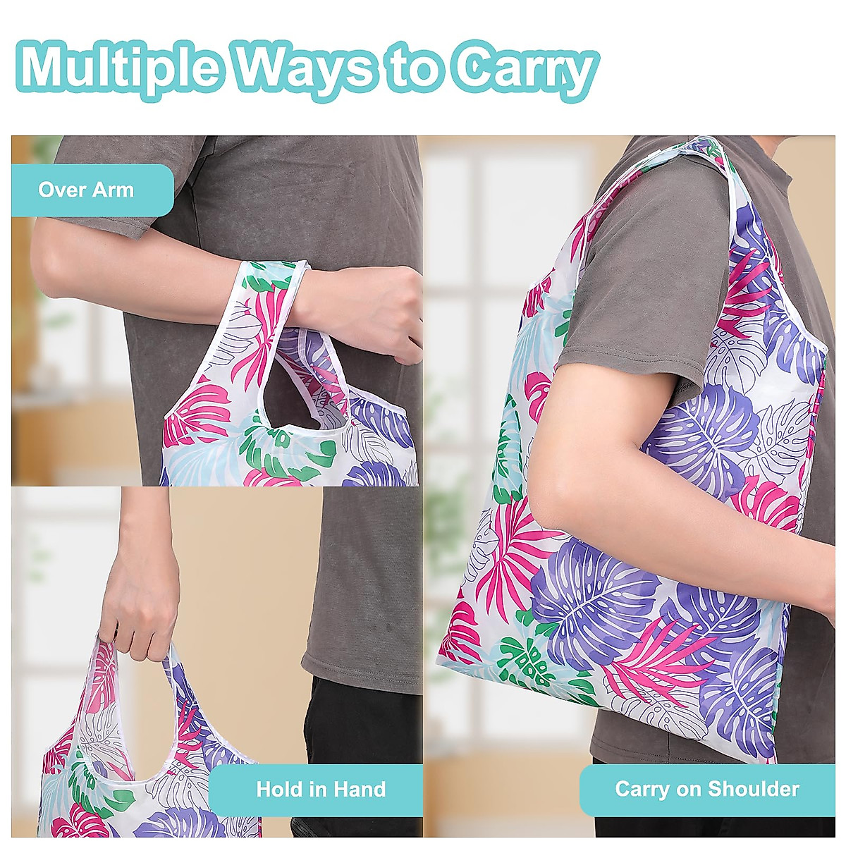 LOSANJI 6Pack Reusable Grocery Bags, Large Foldable Shopping Bag in Pocket, Nylon Recycle Groceries Bag with handles, Folding Heavy Duty Tote Bag for Travel, Khaki Purple Coffee