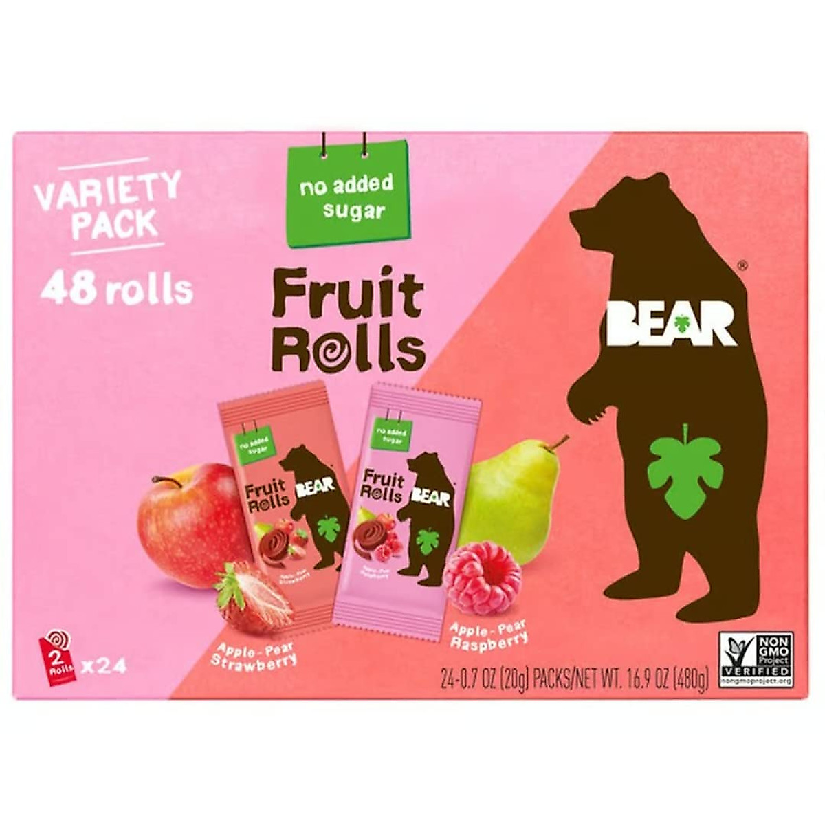 Bear Real Fruit Snack Rolls, Strawberry & Raspberry Variety Pack, 48 Roll (24pk, 2 rolls per Pack), Packaged with Bryant Desai Supplies Pen