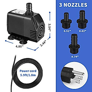 Winkeyes 800GPH Fountain Pump, 70W Outdoor Fountain Pump with Anti Dry Burning, Ultra Quiet Submersible Pond Pump with 10ft High Lift, 5.9ft Power Cord, 3 Nozzles, No Water Flow Adjustment (Black-70W)