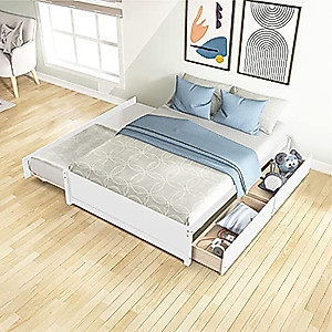 OPTOUGH Full Size Platform Bed with Trundle and 2 Drawers, Solid Wood Full Kids Beds, White