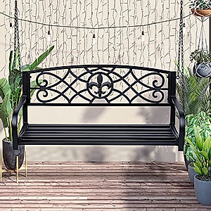 Outsunny 2-Person Porch Swing, Hanging Steel Patio Swing, Outdoor Swing Bench with Fleur-de-Lis Design for Garden Deck, 528 LBS Weight Capacity, Black