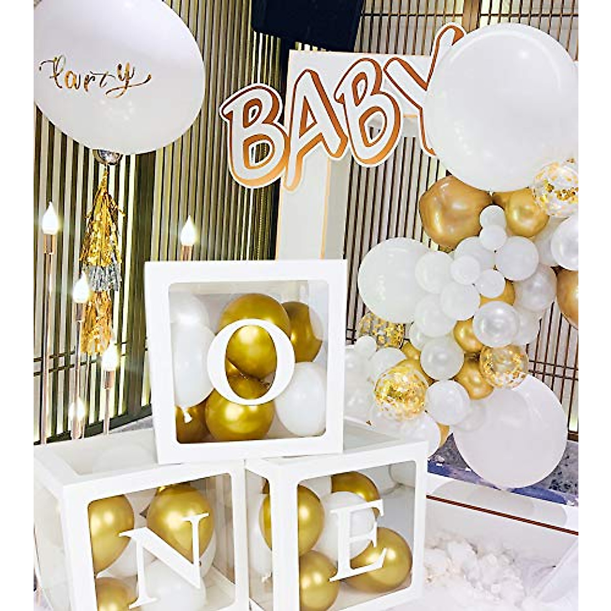 First Birthday Decorations for Boy Girls– ONE Balloon Boxes with 30 PCs metal gold balloon, white balloon for baby Party Decorations
