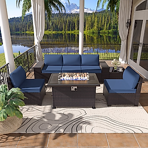ALAULM 7 Pieces Patio Furniture Set with Propane Fire Pit Table Outdoor Sectional Sofas Outdoor Patio Furniture 43in Gas Fire Pit Patio Conversation Set w/5 Cushions-Navy Blue