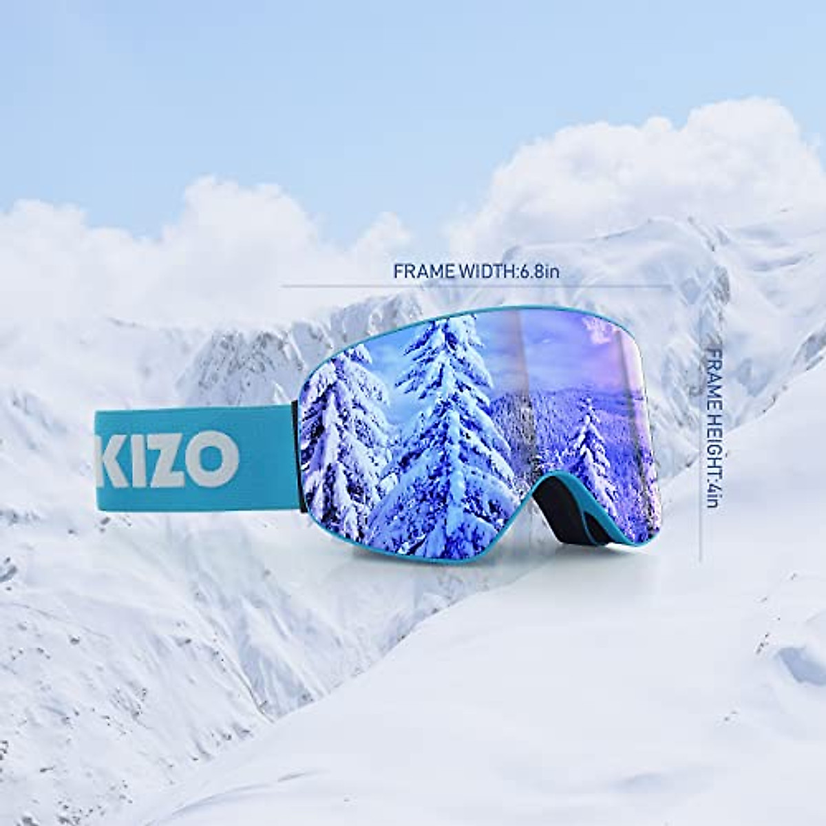 Dizokizo Ski Goggles Cylindrical Skiing Snowboard Lens Anti-fog 100% UV Protection Triple Breathable Foams Embossed Strap for Women Men REVO Blue