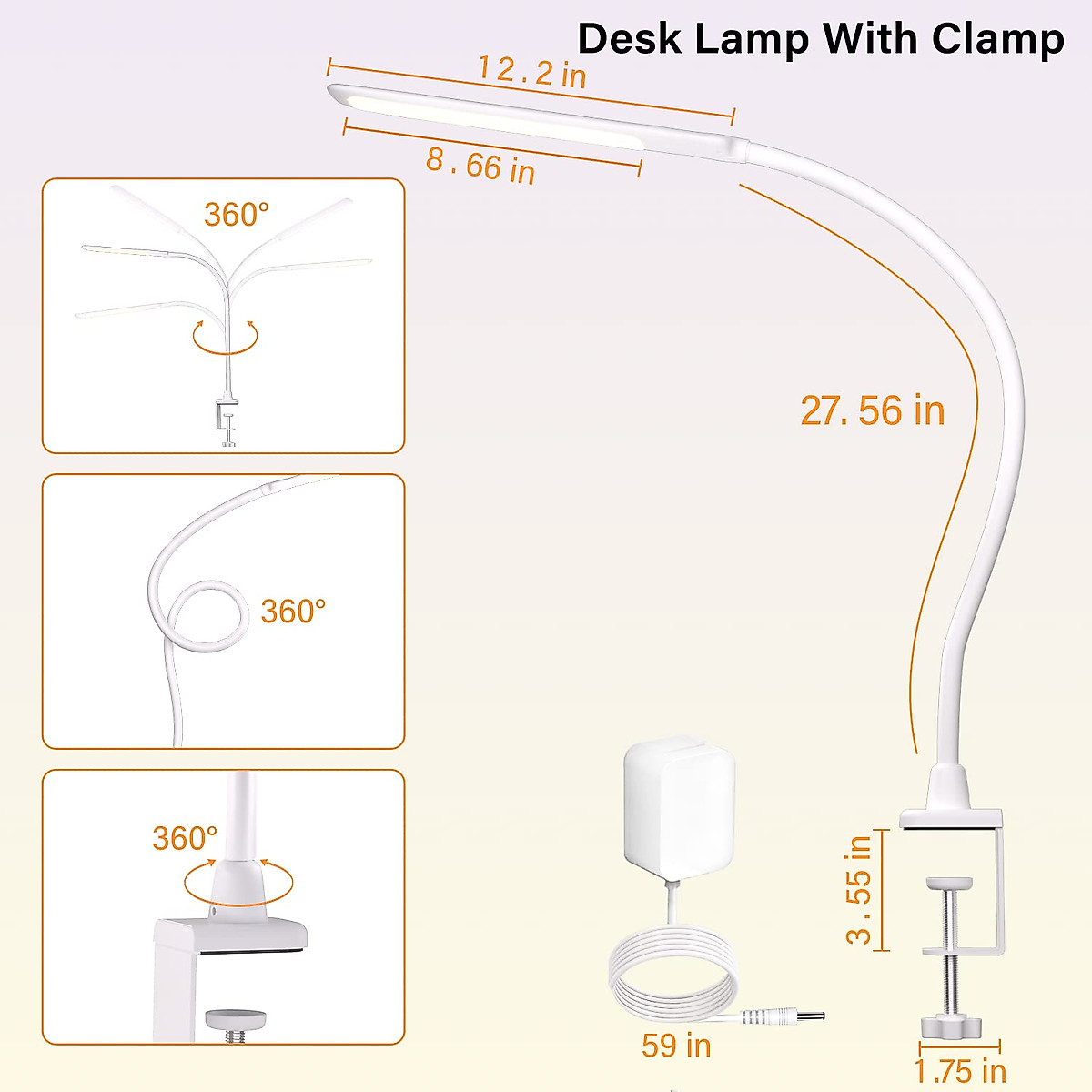 LED Desk Lamp With Clamp, 10W Gooseneck Lamps Touch Control,Swing Arm Clamp Lamp, Architect Clamp Desk Lamp Dimmable,Nail Lamp for Desk Table (White)